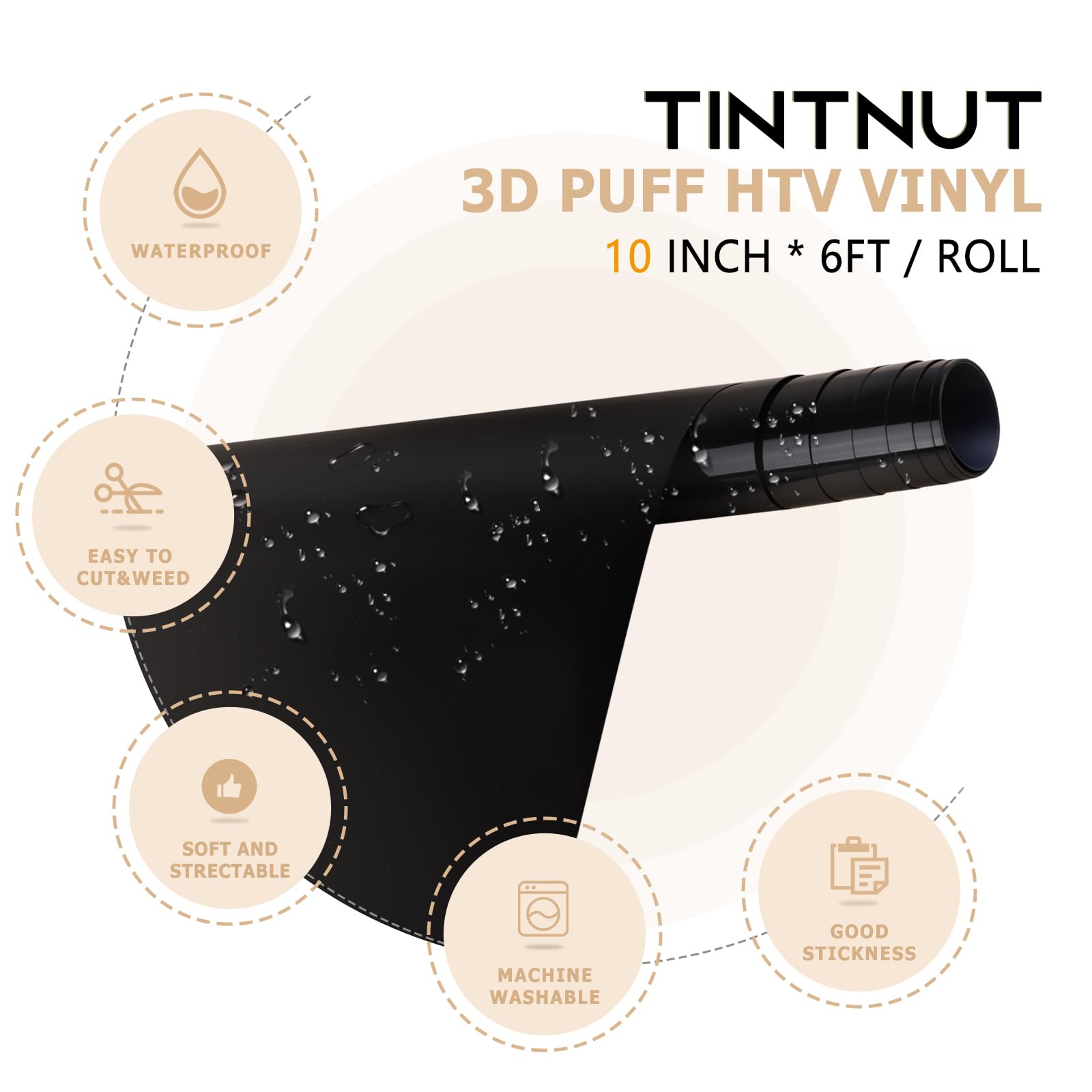 Tintnut Black Puff HTV Vinyl Heat Transfer - 10 inches x 6ft Puff HTV Vinyl Roll 3D Puff Heat Transfer Vinyl Roll Black Puff HTV Roll Iron on Vinyl for T-Shirts Compatible with Cricut/Silhoutte Cameo
