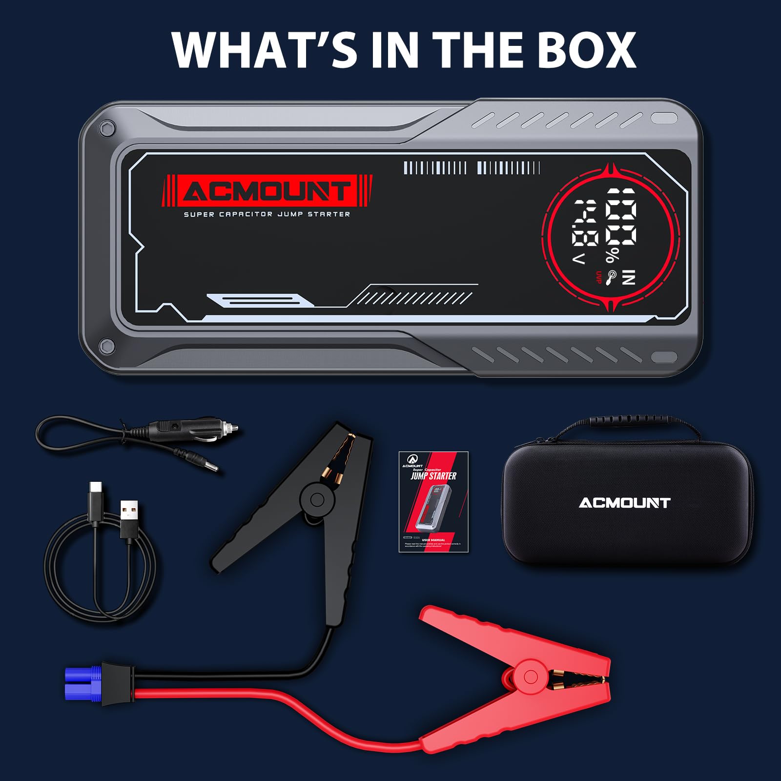 Acmount 3000A Super Capacitor Jump Starter, 500F Battery-Free Car Jump Box(Up to 10.0L Gas, 8L Diesel), Built-in Supercapacitor with Large LCD Display, No Pre-Charging Starter