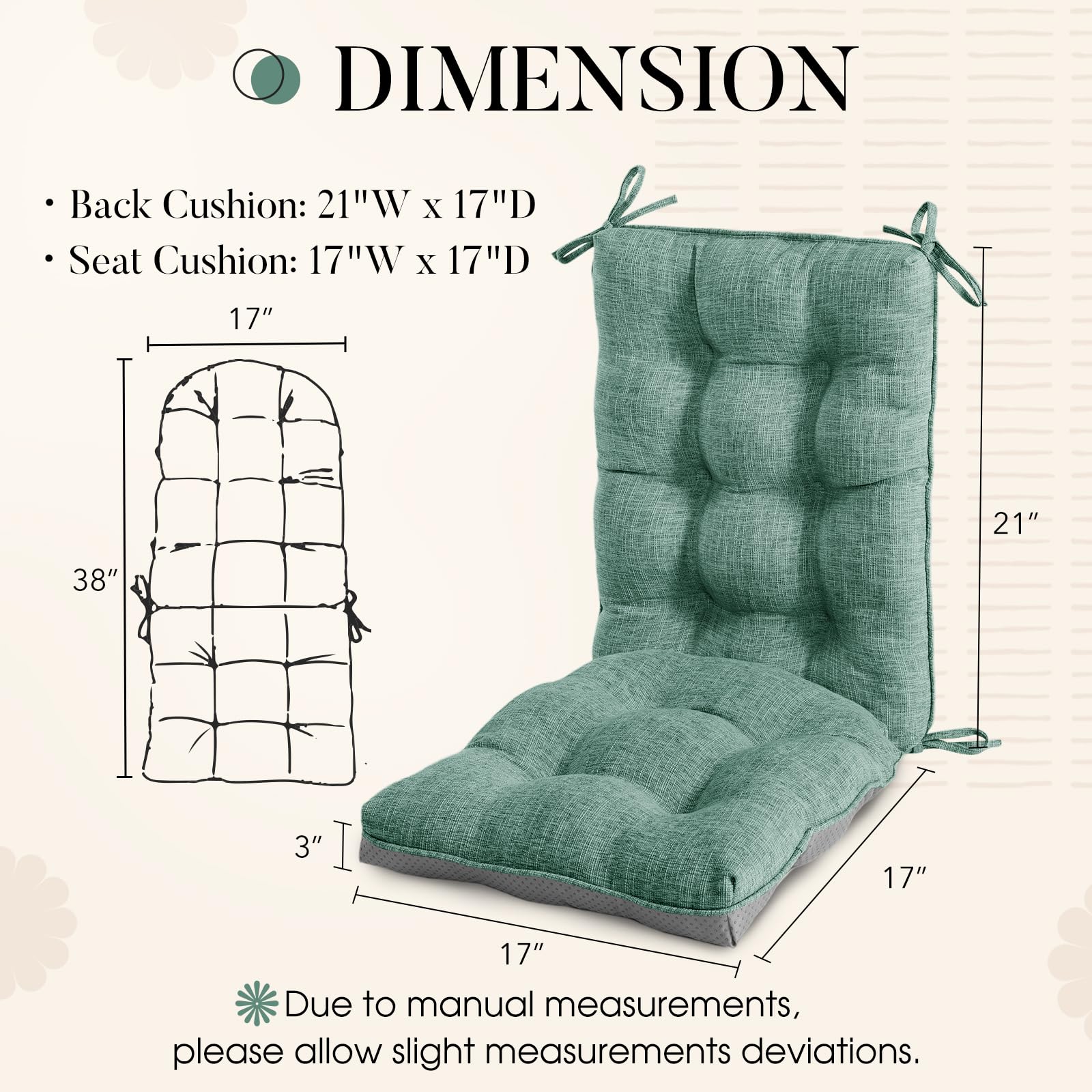 Basic Beyond Rocking Chair Cushions Set of 2, Porch Rocker Cushions for Wooden Rocking Chairs Outdoor with Thick Padding, Back Cushion with Ties, Tufted Seat Cushion with Non-Slip Backing(Green)