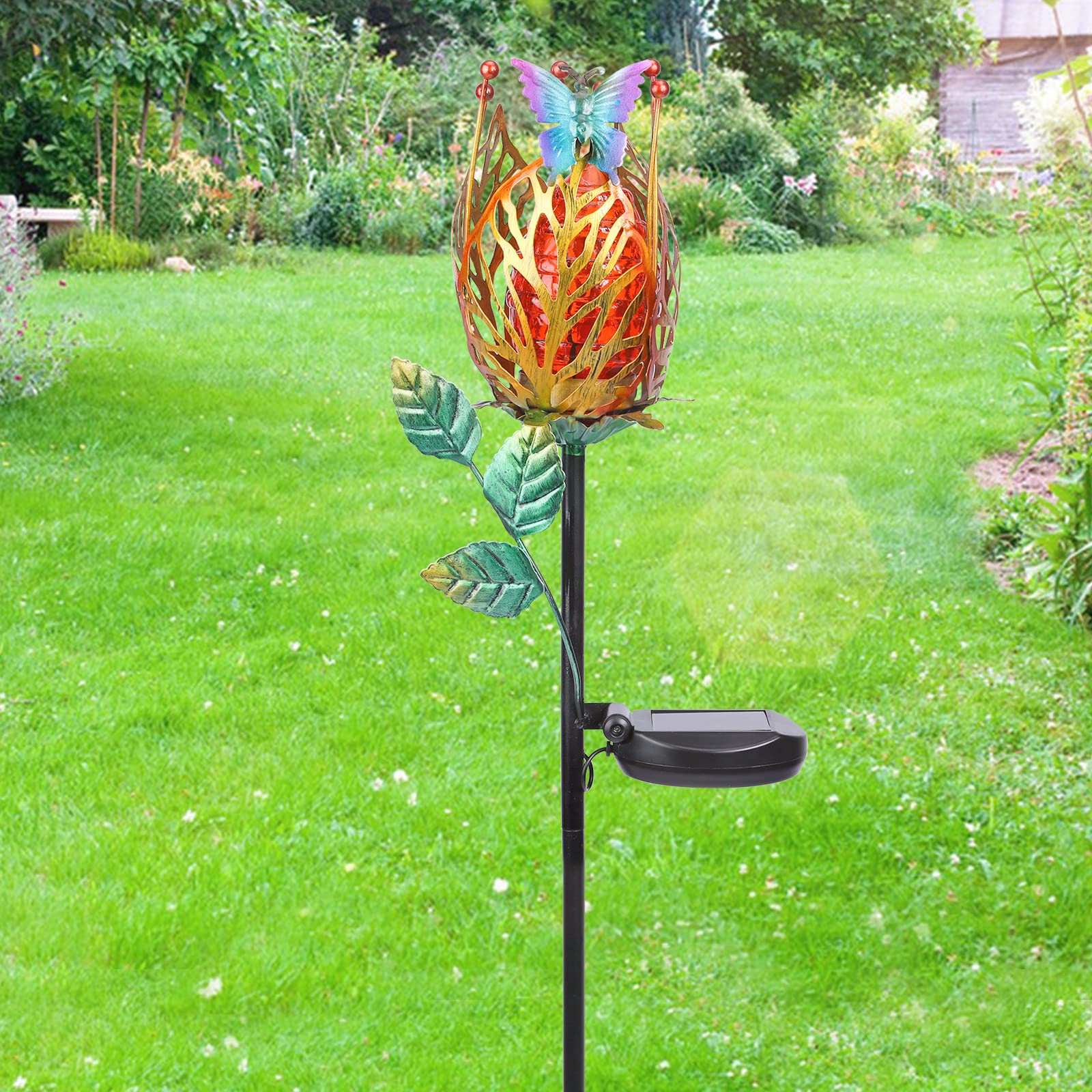 Solar Garden Lights Outdoor Decorative - Flower Solar Garden Stake Lights with Butterfly Landscape Path Lights Waterproof Solar Pathway Lights for Garden, Lawn, Patio, Yard Decorative(Yellow)
