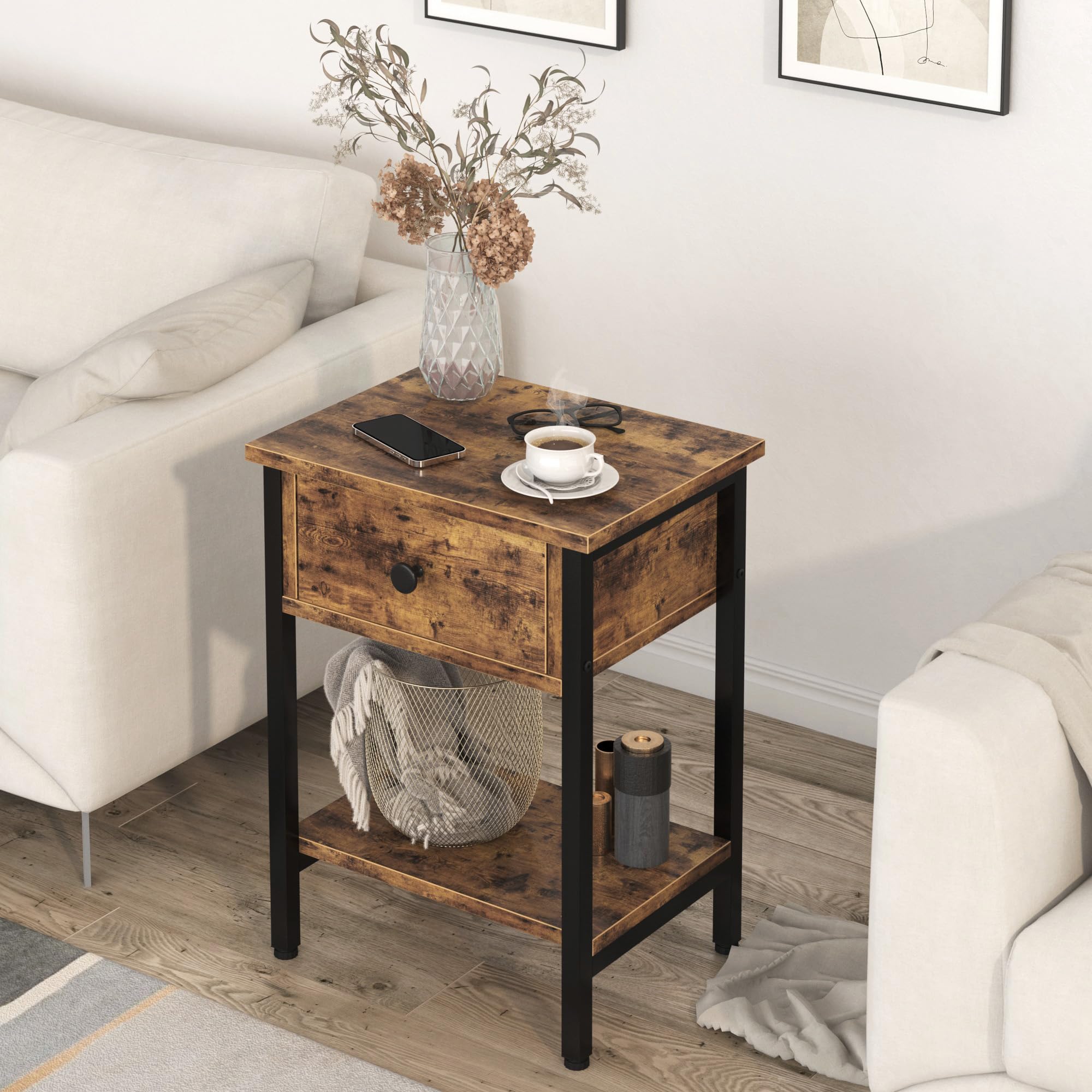 Night Stand Set of 2, Bedside Table with Drawers, Modern End Side Table with Storage Shelves, Versatile Nightstands for Bedroom Living Room Sofa Couch, Wood Metal Bedroom Furniture, Rustic Brown