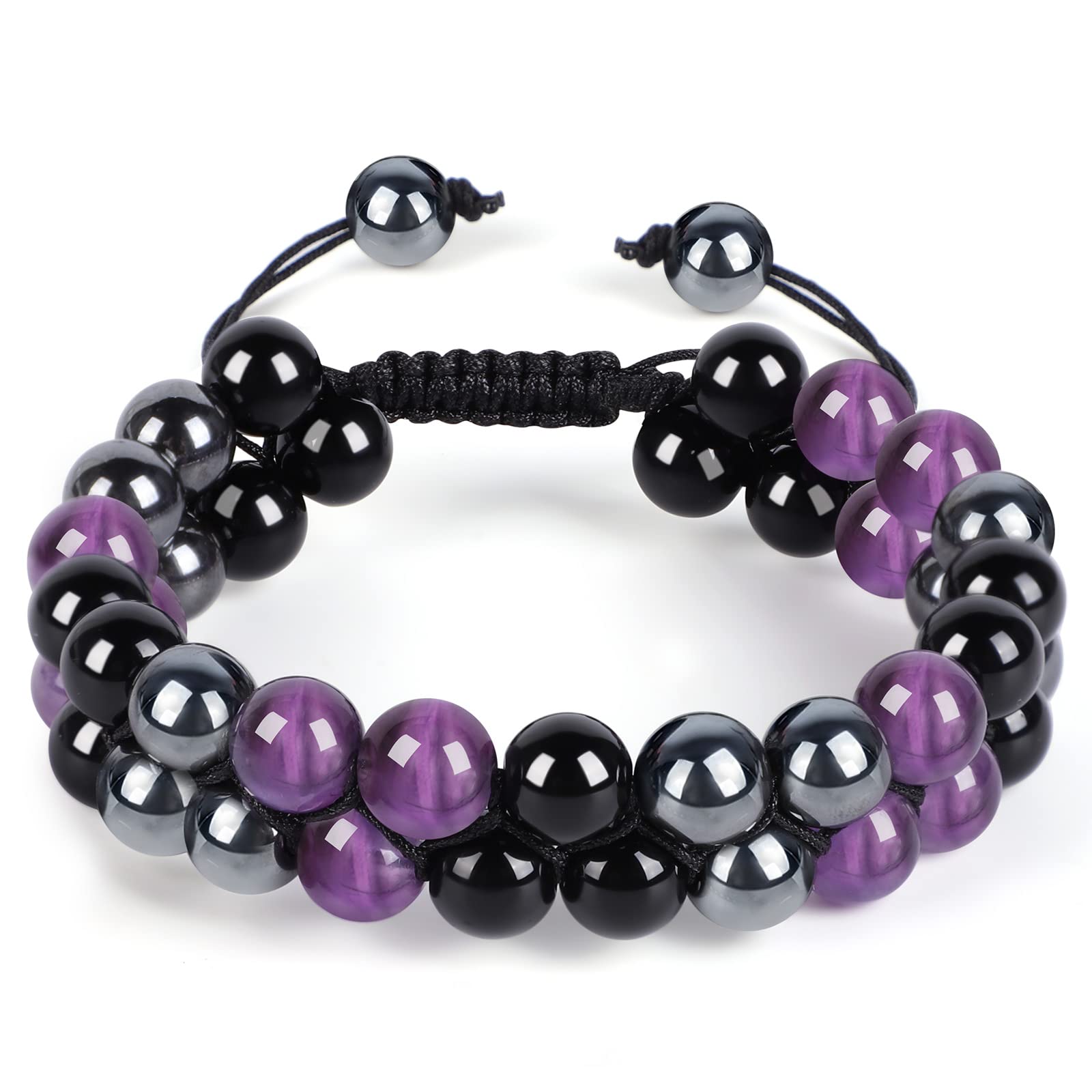 Amethyst Bracelet Triple Protection for Women Men, Purple Crystal Stone Bracelet Combine Hematite Black Obsidian, Enhance charisma and luck And Happiness, Handmade Bead Jewelry Bracelet