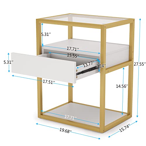 LITTLE TREE Modern Gold White Nightstand with Drawer and Storage Shelf, Bedside Chair Side End Table for Bedroom, Living Room