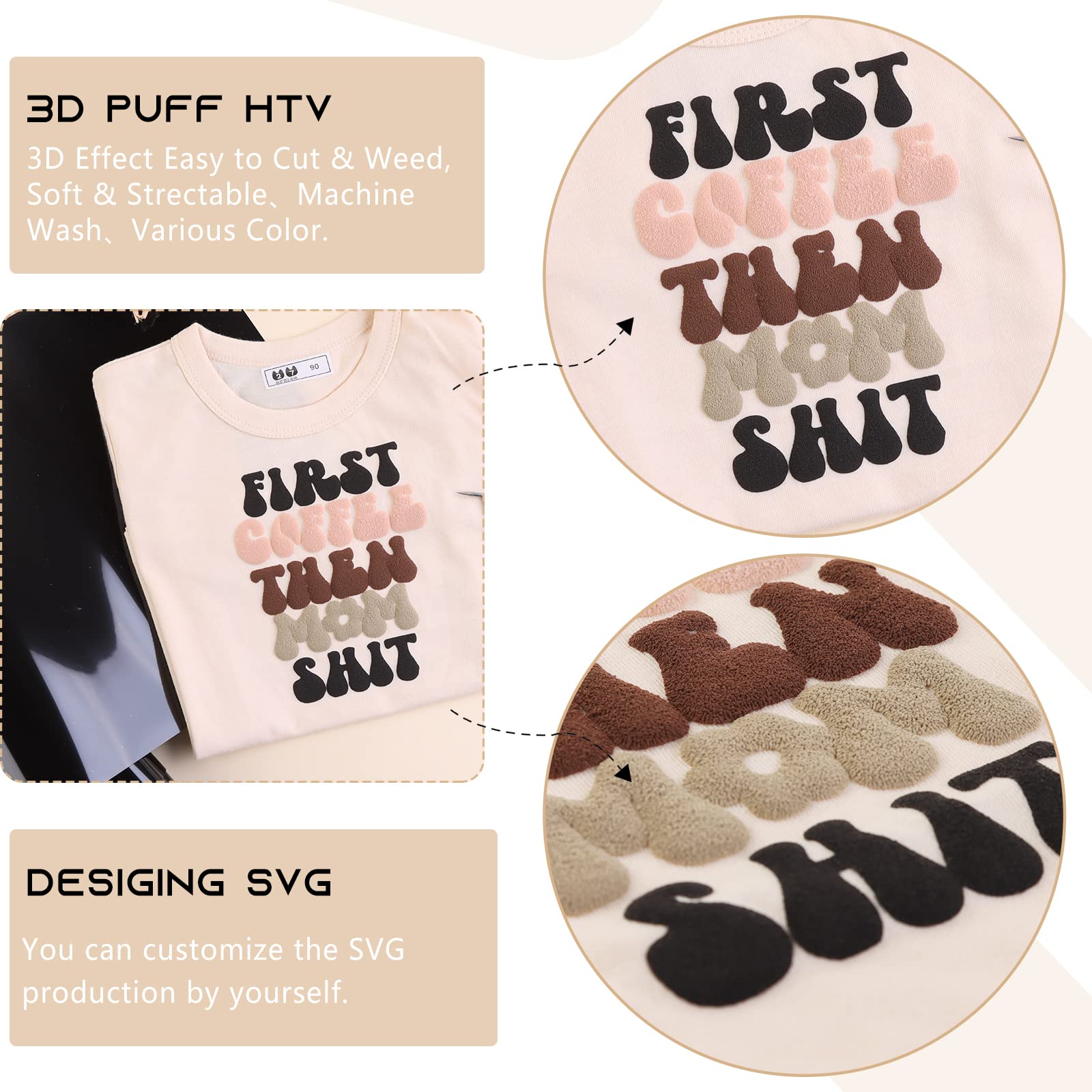 Tintnut Black Puff HTV Vinyl Heat Transfer - 10 inches x 6ft Puff HTV Vinyl Roll 3D Puff Heat Transfer Vinyl Roll Black Puff HTV Roll Iron on Vinyl for T-Shirts Compatible with Cricut/Silhoutte Cameo