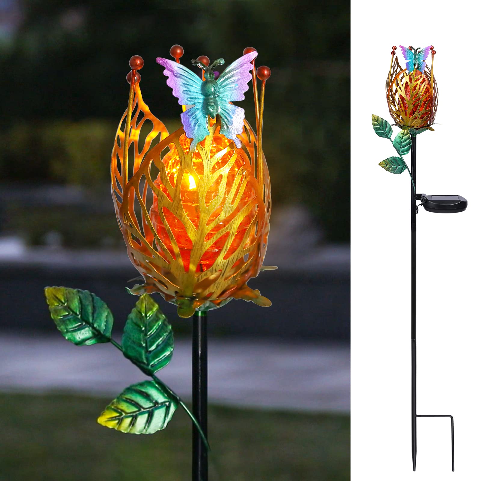 Solar Garden Lights Outdoor Decorative - Flower Solar Garden Stake Lights with Butterfly Landscape Path Lights Waterproof Solar Pathway Lights for Garden, Lawn, Patio, Yard Decorative(Yellow)