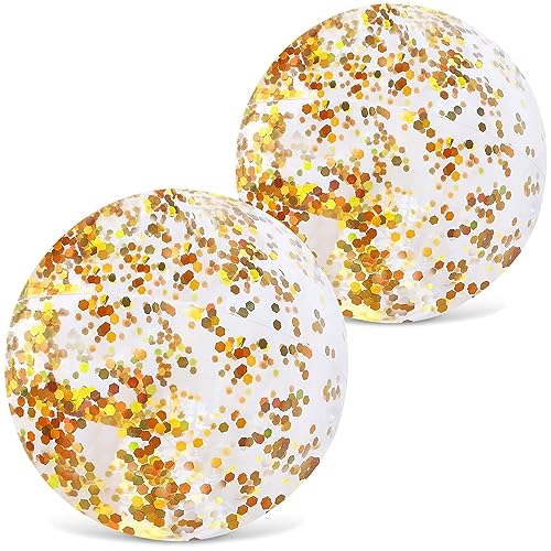 AMOR PRESENT 2PCS Inflatable Beach Balls, Glitter Beach Ball 16 Inch Clear Inflatable Ball with Gold Confetti for Kids Birthday Summer Pool Party