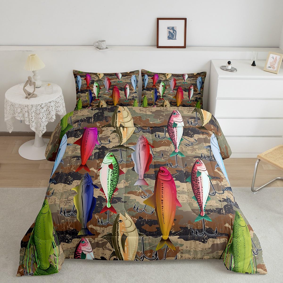 Erosebridal Hunting Fish Comforter Set Colorful Fishing Gear Down Comforter King Size, Retro Camo Print Bedding Set Fishing Gifts for Men Teens Adult, Vintage Duvet Insert 3 Pcs with 2 Pillow Cases