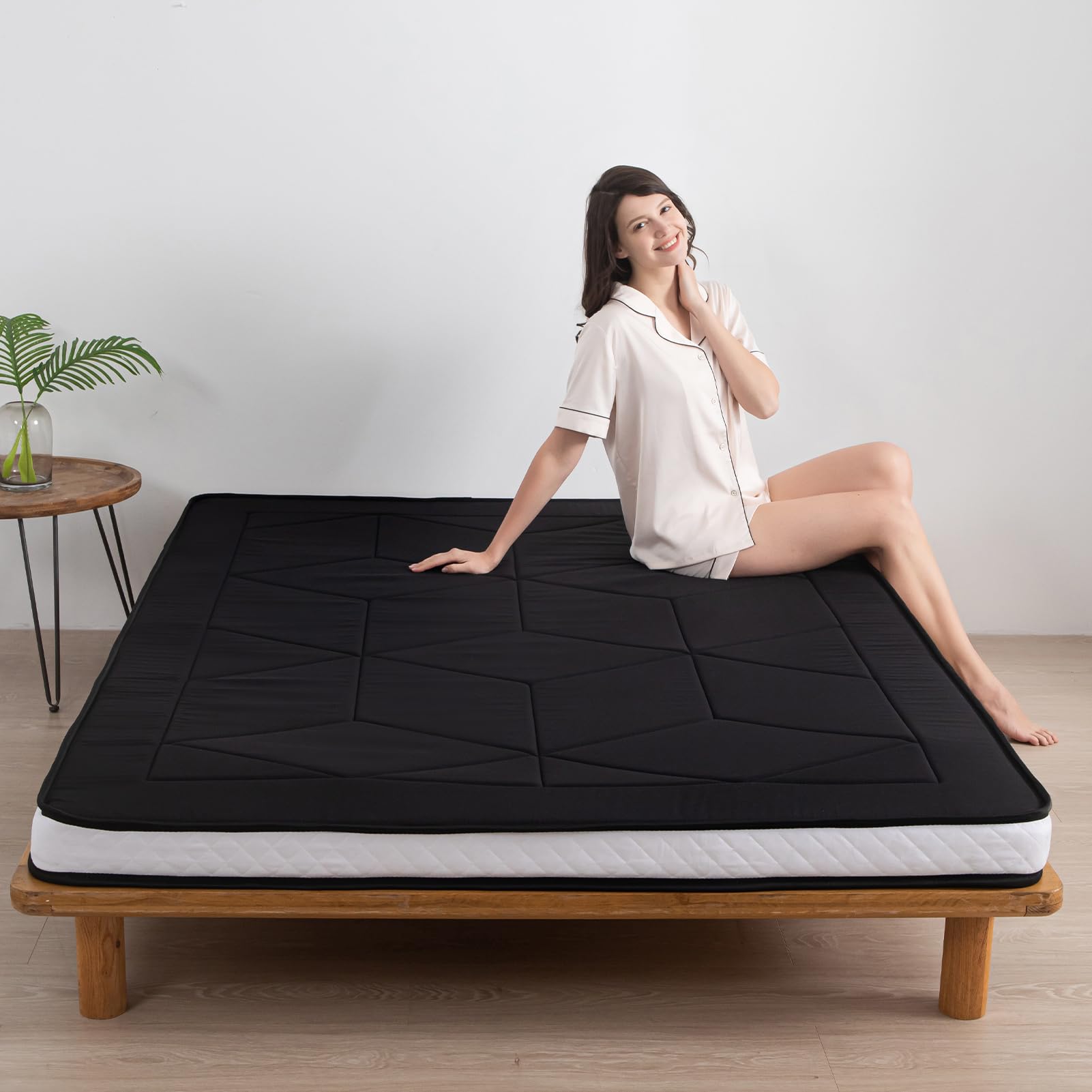 MAXYOYO 4" Thick Japanese Floor Mattress Futon Mattress, 3D Geometric Pattern Foldable Foam Mattress Roll Up Mattress Shikibuton Mattress Guest Mattress Sleeping Pad, Black, Full