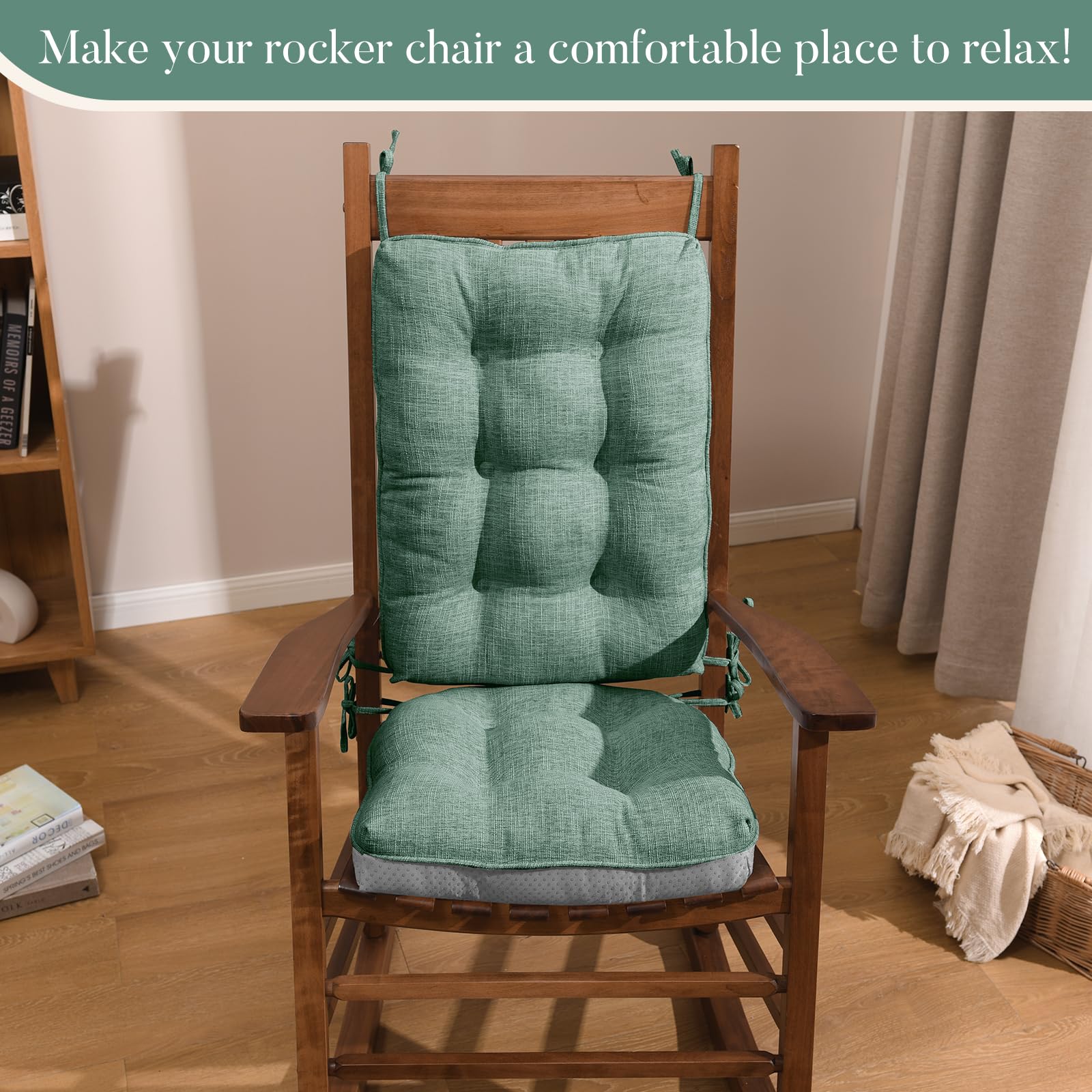 Basic Beyond Rocking Chair Cushions Set of 2, Porch Rocker Cushions for Wooden Rocking Chairs Outdoor with Thick Padding, Back Cushion with Ties, Tufted Seat Cushion with Non-Slip Backing(Green)