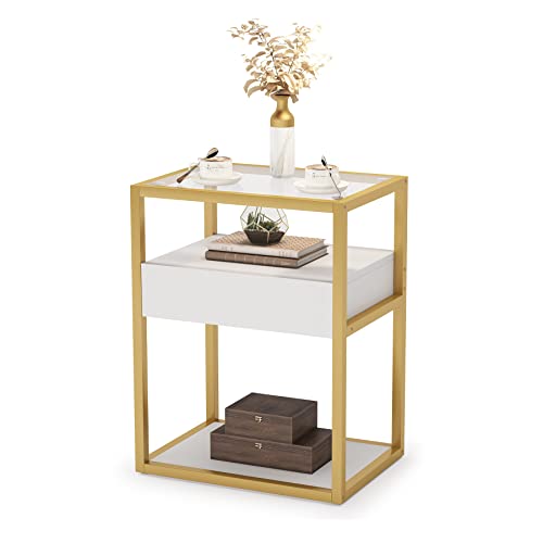 LITTLE TREE Modern Gold White Nightstand with Drawer and Storage Shelf, Bedside Chair Side End Table for Bedroom, Living Room