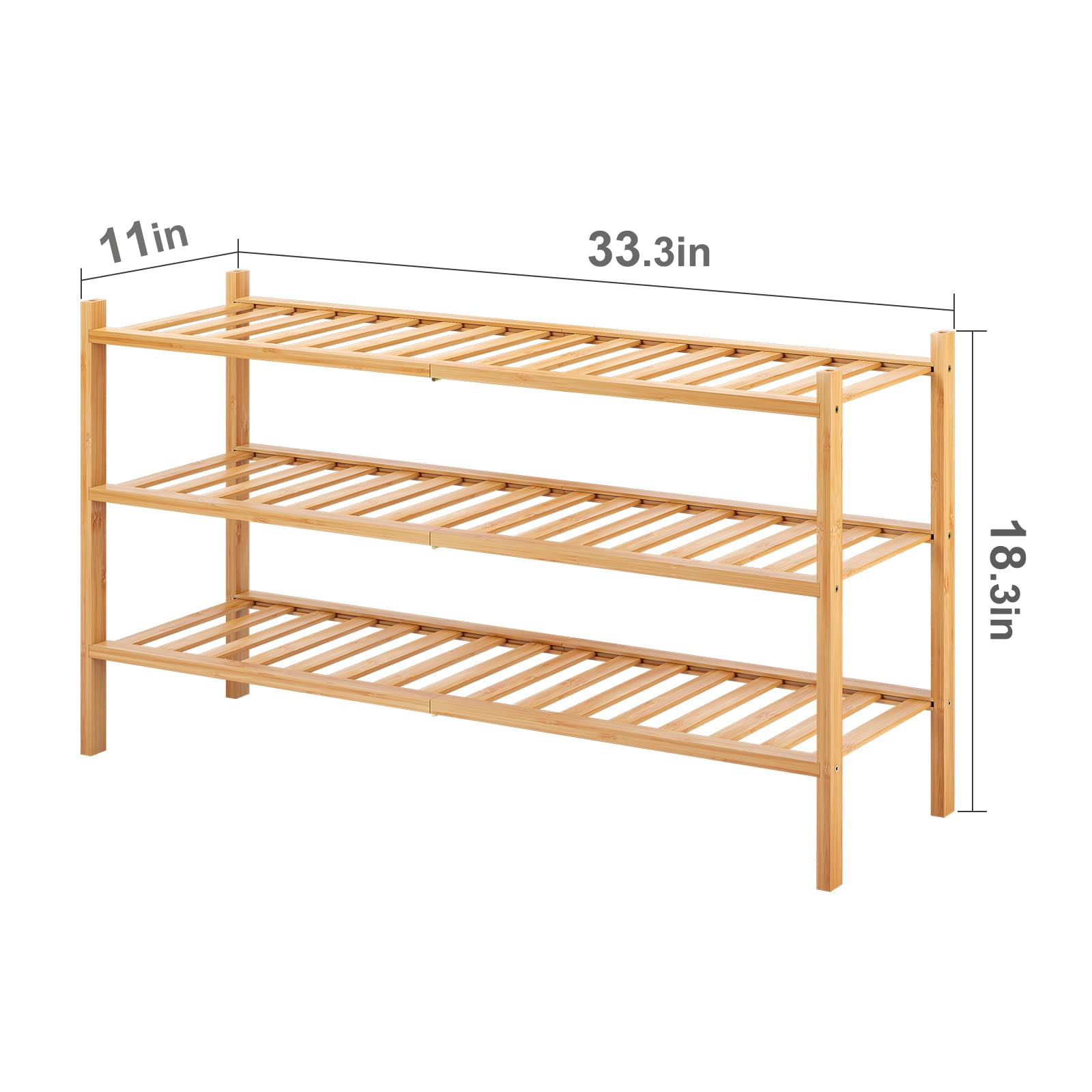Furshus Long Shoe Rack, 3-Tier Bamboo Stackable Shoe Shelf Storage Organizer, Shoe Stand for Closet, Entryway and Hallway