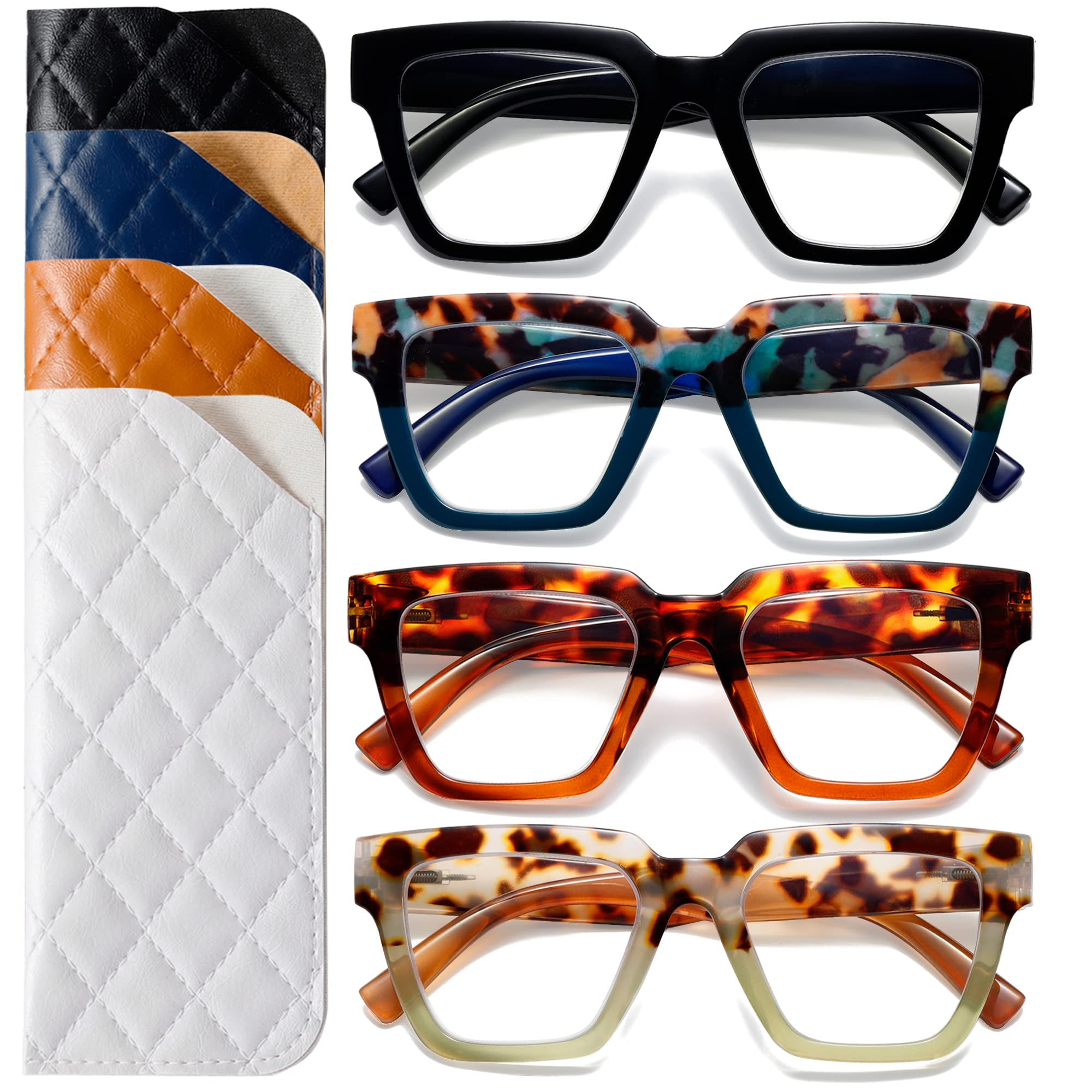 FSRTEP Reading Glasses for Women Stylish Oprah-Style Readers with Blue Light Blocking and Spring Hinge - 4 Pack+1.75