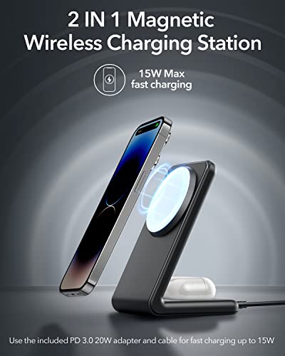 FACBINY 2-in-1 Magnetic Fast Wireless Charging Station for Multiple Devices Apple with 20W Adapter, Mag-Safe Charger Stand for iPhone 15/14/13/12/Pro/Max/Mini, AirPods Pro 2/Pro/3 (Black)