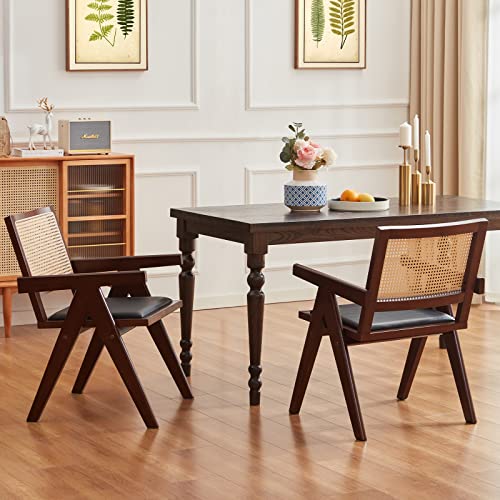 STARY Mid Century Modern Leather Rattan Dining Room Chair, 1 Pcs, Black
