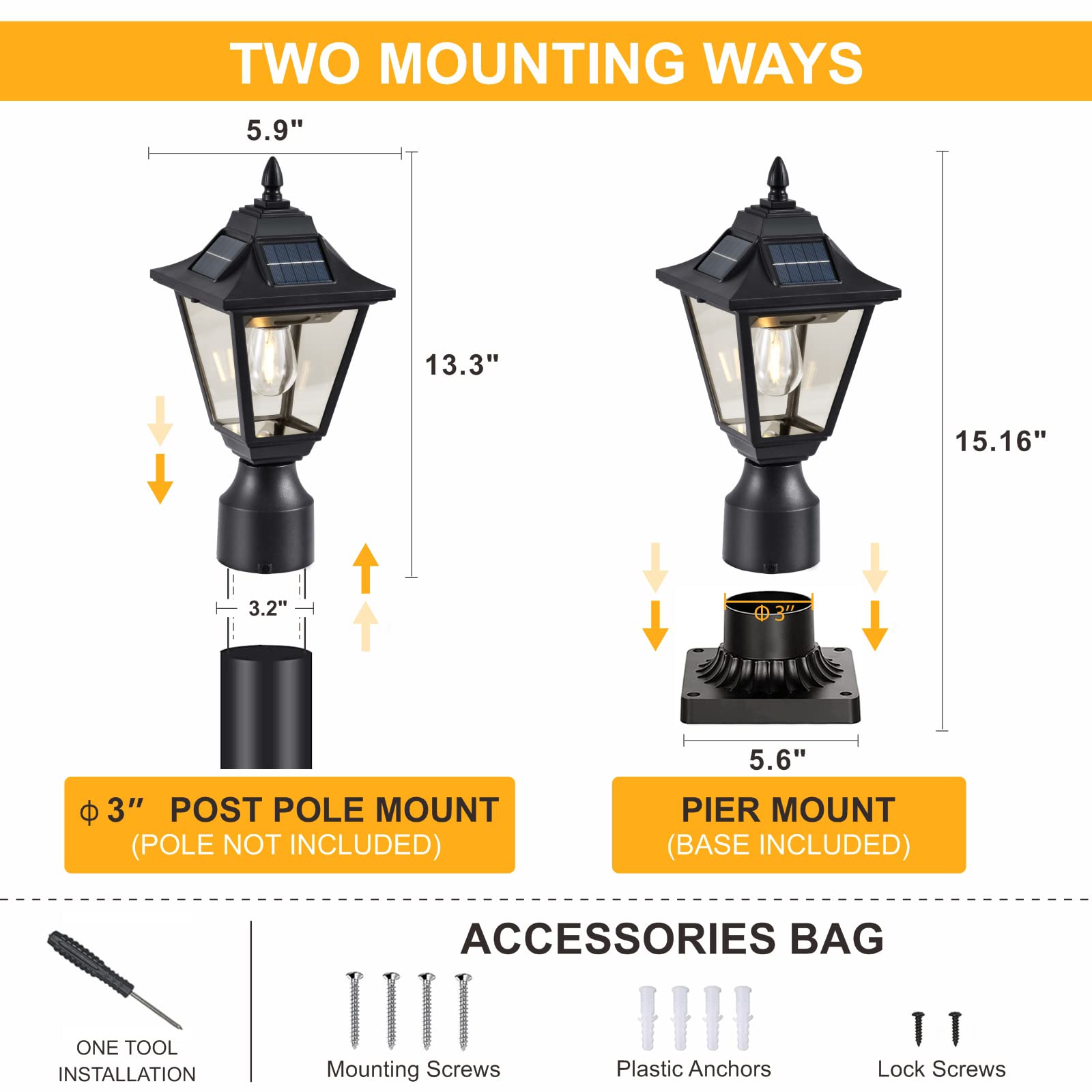 DARIISI Solar Post Light Fixture, Motion Sensor Solar Lamp Post Lights with Pier Mount Base, Outdoor Waterproof Post Lantern, Black Outdoor Solar Light for Yard Garden Pathway