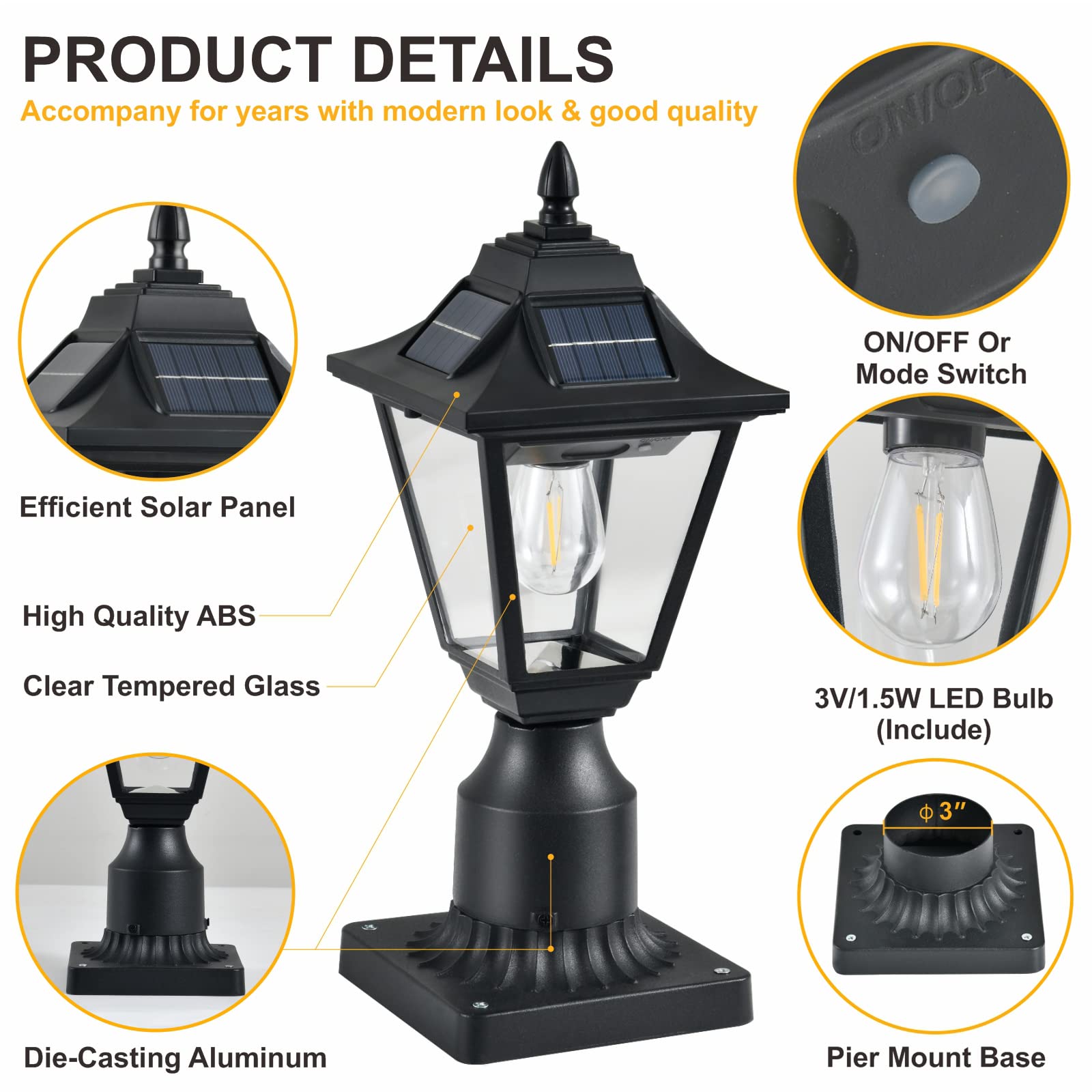DARIISI Solar Post Light Fixture, Motion Sensor Solar Lamp Post Lights with Pier Mount Base, Outdoor Waterproof Post Lantern, Black Outdoor Solar Light for Yard Garden Pathway