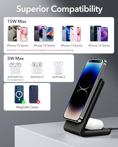FACBINY 2-in-1 Magnetic Fast Wireless Charging Station for Multiple Devices Apple with 20W Adapter, Mag-Safe Charger Stand for iPhone 15/14/13/12/Pro/Max/Mini, AirPods Pro 2/Pro/3 (Black)