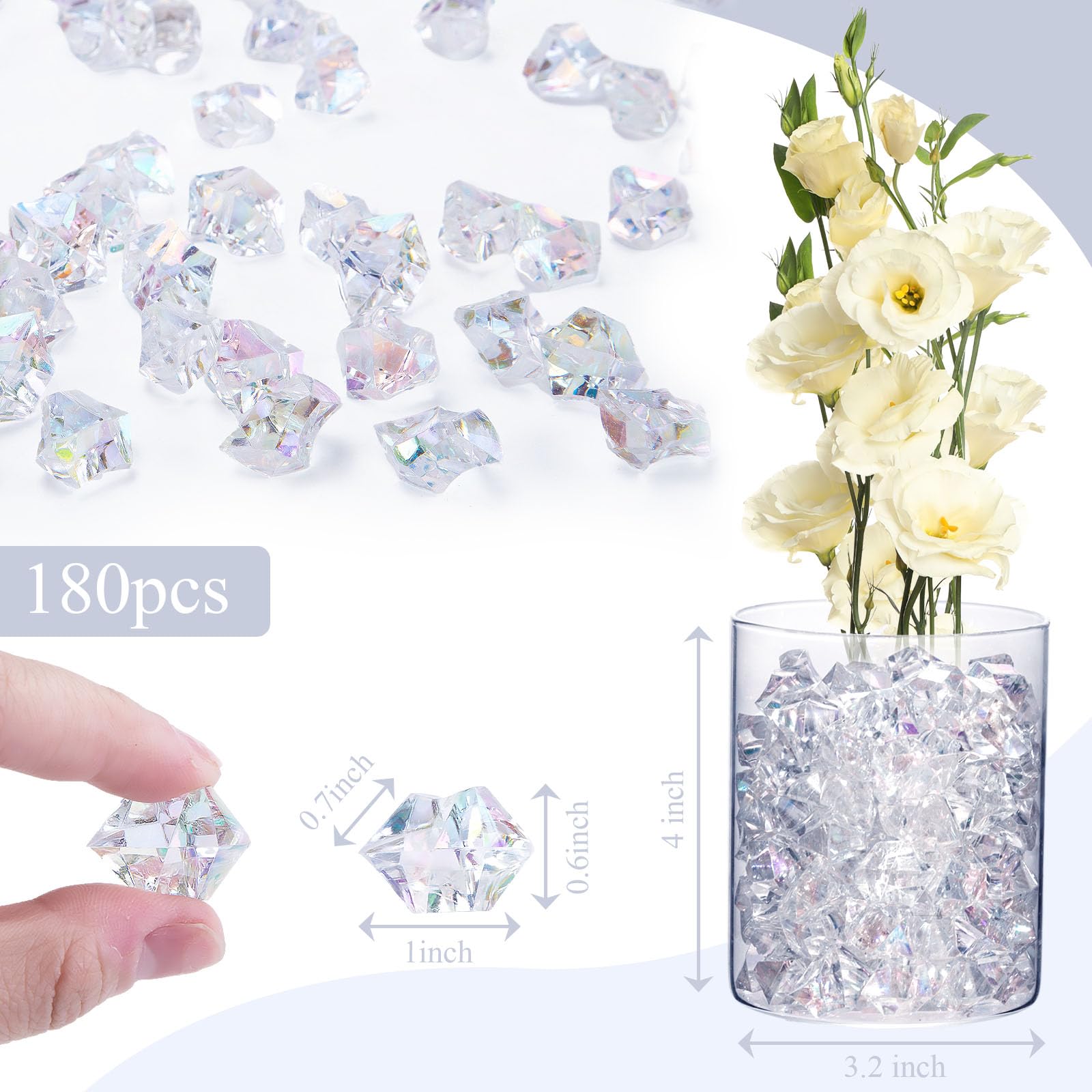 FUTUREPLUSX 180PCS Bright Clear Fake Ice Rocks, Acrylic Fake Crushed Ice Rocks Diamonds Gems DIY Crafts Vase Fillers for Party Fish Tank Table Scatter Props Display