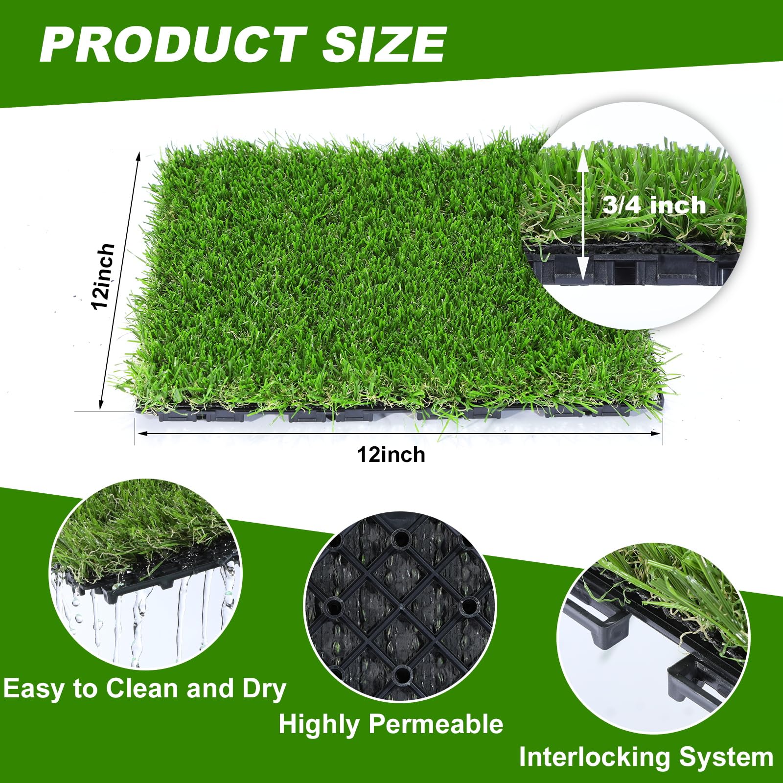 Artificial Grass Tiles Interlocking Turf Squares Deck 9 Pack -12"x12" Indoor Outdoor Faux Grass Rug with Drainage Holes-Fake Grass Tiles Self-draining for Garden Lawn Landscape Balcony Decoration