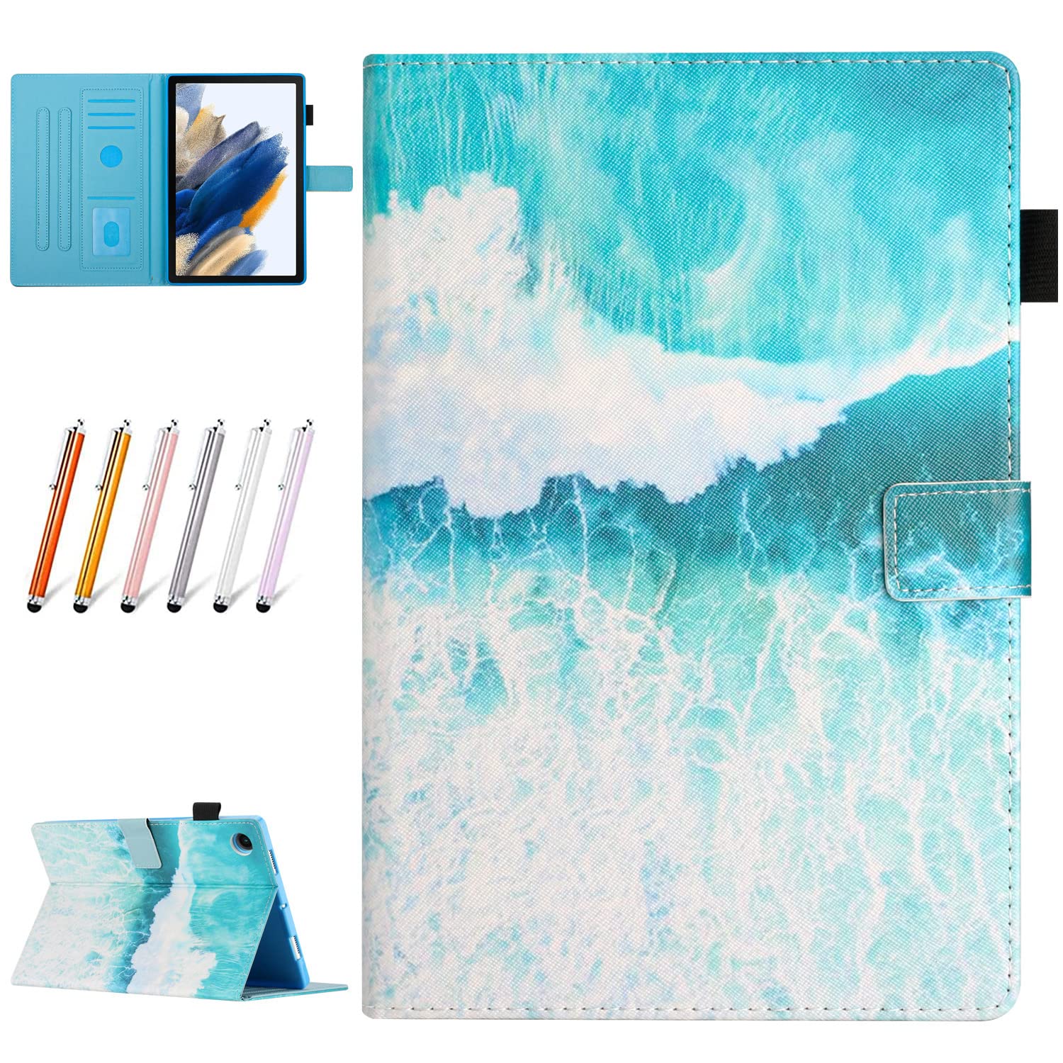 AKHIOK Case for Samsung Galaxy Tab A8 10.5 Inch 2022 Model (SM-X200/X205/X207), Premium PU Leather Stand Cover with Smart Auto Wake/Sleep, Beach