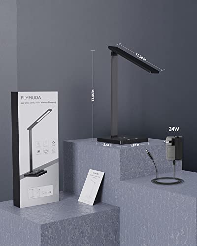 Flymuda LED Desk Lamp with 15W Wireless Charger & USB Charging Port, EyeCare Desk Light with 3 Lighting Modes, 5 Brightness Levels, Touch Control, 24W Adapter, Black Desk Lamp for Home Office
