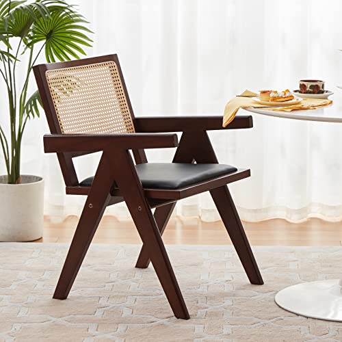 STARY Mid Century Modern Leather Rattan Dining Room Chair, 1 Pcs, Black