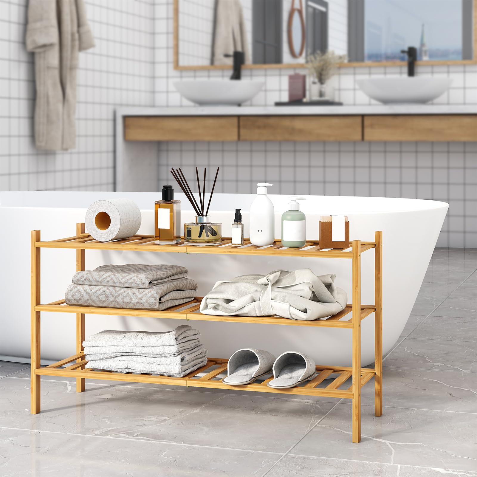Furshus Long Shoe Rack, 3-Tier Bamboo Stackable Shoe Shelf Storage Organizer, Shoe Stand for Closet, Entryway and Hallway