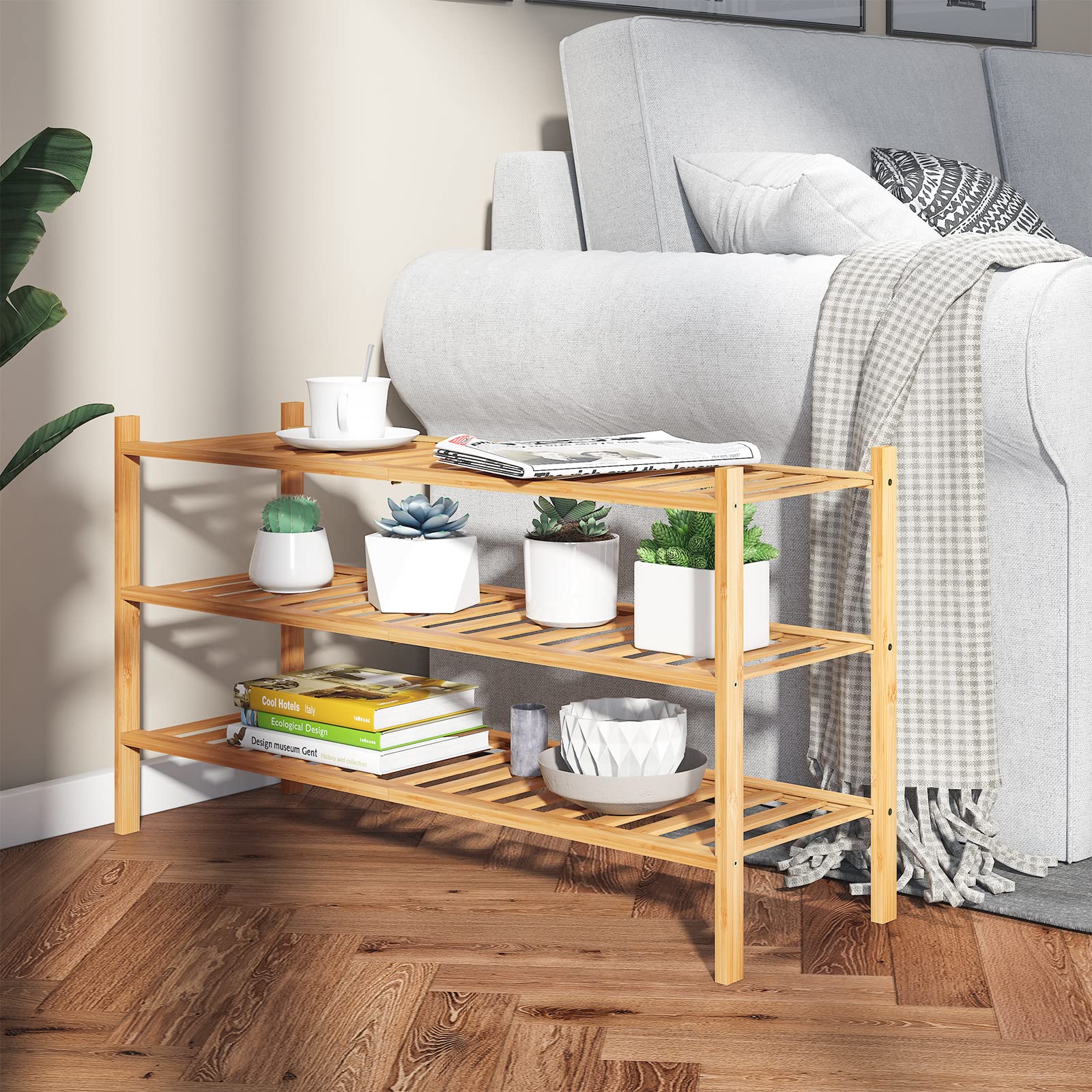 Furshus Long Shoe Rack, 3-Tier Bamboo Stackable Shoe Shelf Storage Organizer, Shoe Stand for Closet, Entryway and Hallway