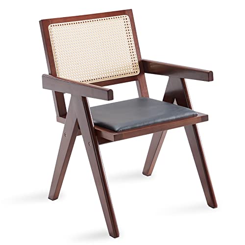 STARY Mid Century Modern Leather Rattan Dining Room Chair, 1 Pcs, Black