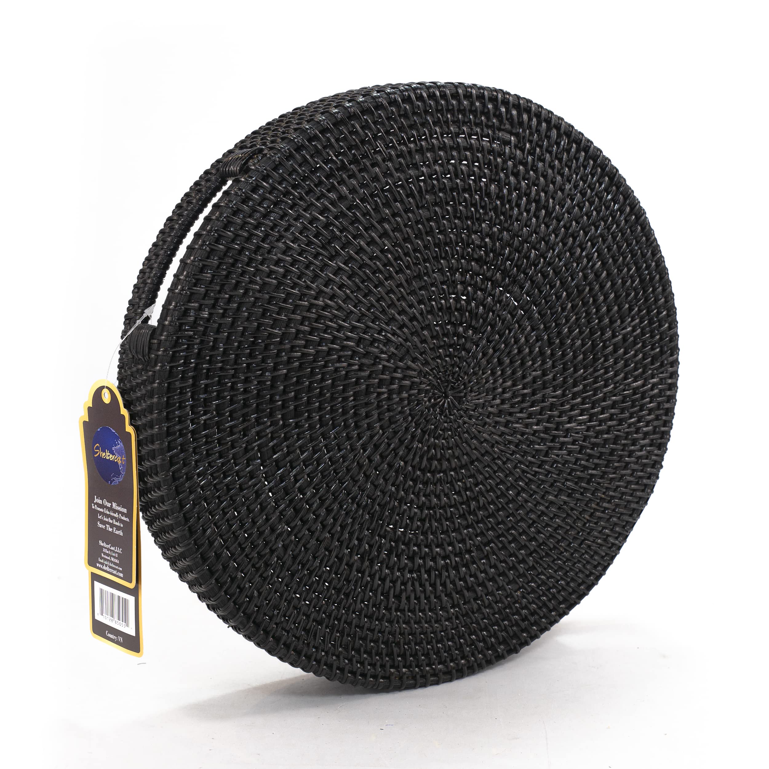 Rattan Round Serving Tray, Hand Woven Serving Basket with Cut - Out Handles, Wicker Fruit/Bread Serving Basket, 14.17 Inch (Black, Large)