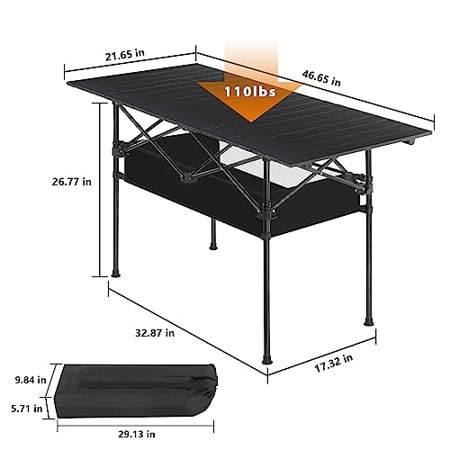 Folding Camping Table Folding Outdoor Table, 46.6 * 21.65 * 26.77in Picnic Table, Portable Camping Table, Aluminum Roll-Up Top, Camp Table with Easy Carry Bag for Outdoor Travel Backyards BBQ(Black)