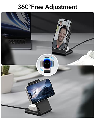 FACBINY 2-in-1 Magnetic Fast Wireless Charging Station for Multiple Devices Apple with 20W Adapter, Mag-Safe Charger Stand for iPhone 15/14/13/12/Pro/Max/Mini, AirPods Pro 2/Pro/3 (Black)
