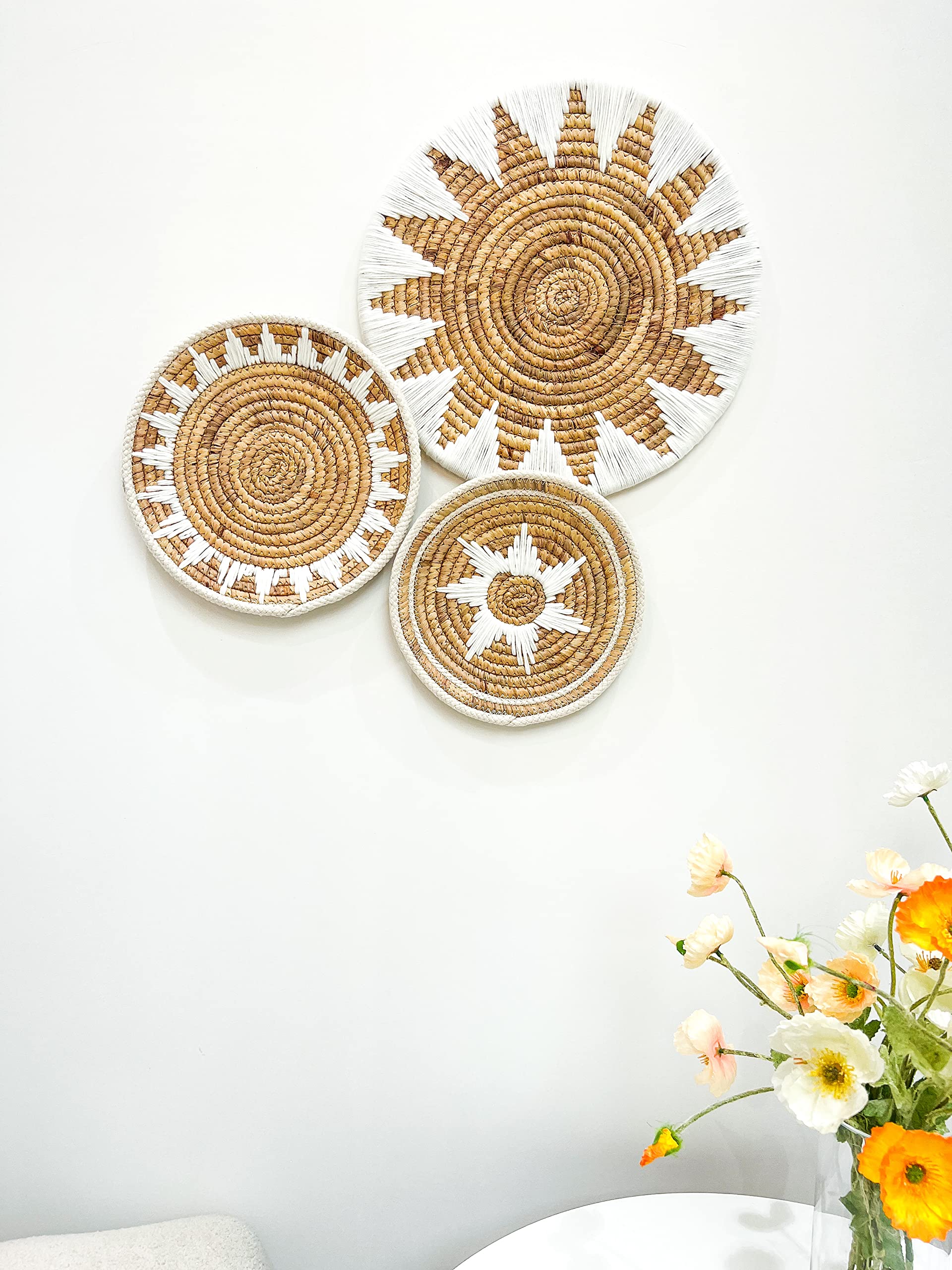 Desantiago Boho Wall Basket Decor - Set Of 3 White Round Wall Baskets Decorative, Decorative Hanging Baskets, Black Wicker Baskets Decorative, Corner Hanging Basket