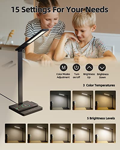 Flymuda LED Desk Lamp with 15W Wireless Charger & USB Charging Port, EyeCare Desk Light with 3 Lighting Modes, 5 Brightness Levels, Touch Control, 24W Adapter, Black Desk Lamp for Home Office