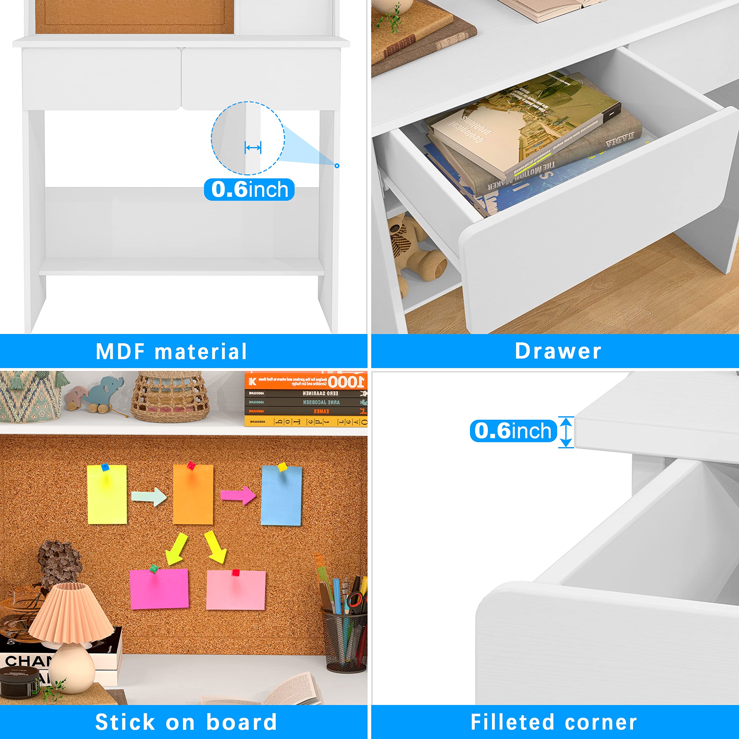Vhger White Kids Desk and Chair Set, Childrens Computer Desk with Drawers and Storage Shelf, Kids Study Desk and Chair Set for 3-12 Years Old Kids