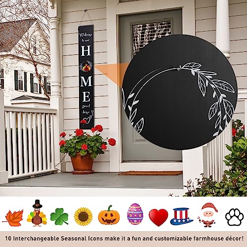 Welcome Sign for Front Porch Standing, Interchangeable welcome sign, 2 Sided Print, Welcome home sign, Farmhouse Welcome Porch Sign, Front Door Sign, Vertical Wall Decor, Welcome Sign, (55" Black)