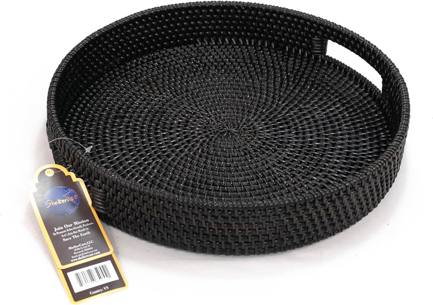 Rattan Round Serving Tray, Hand Woven Serving Basket with Cut - Out Handles, Wicker Fruit/Bread Serving Basket, 14.17 Inch (Black, Large)