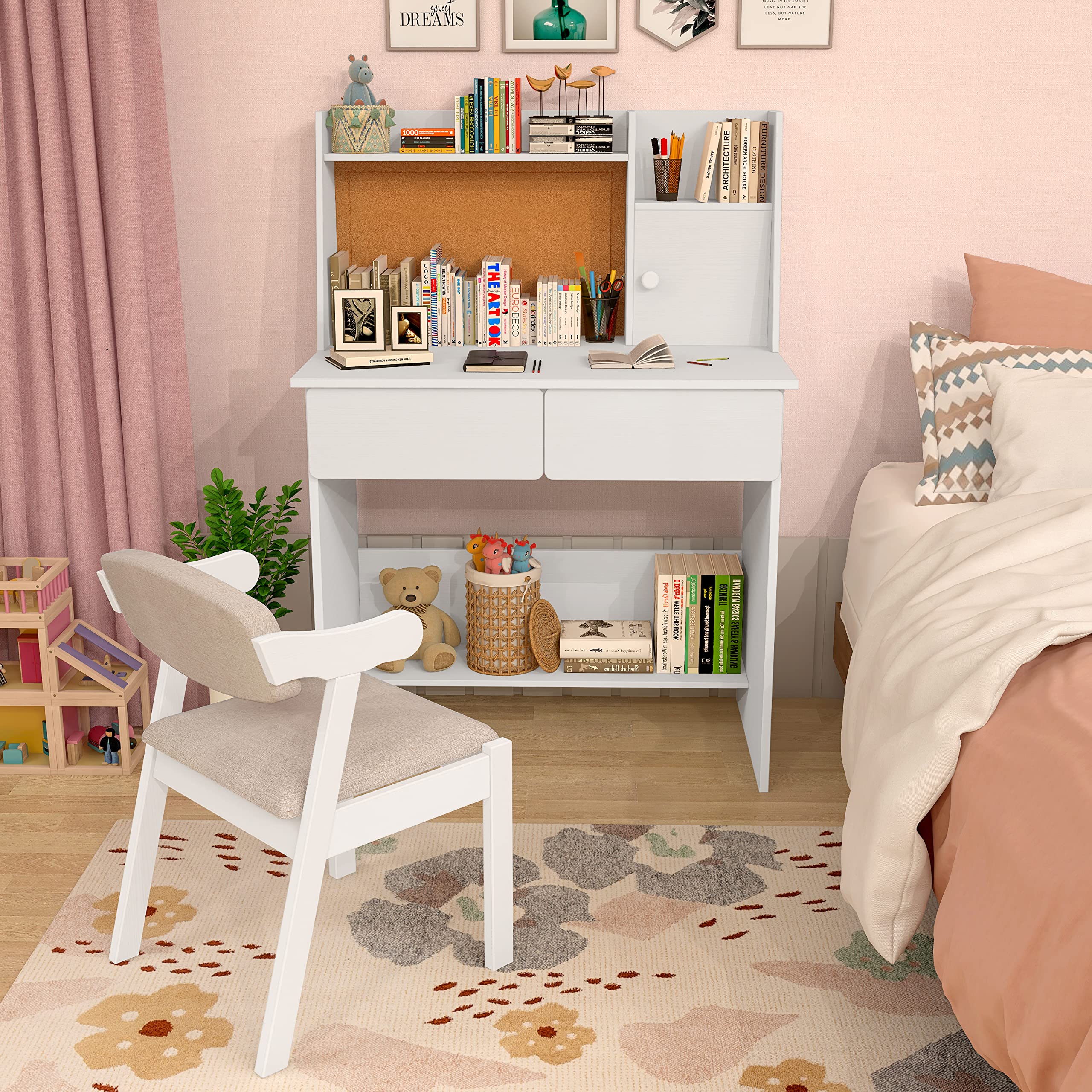 Vhger White Kids Desk and Chair Set, Childrens Computer Desk with Drawers and Storage Shelf, Kids Study Desk and Chair Set for 3-12 Years Old Kids