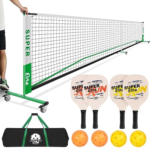 JOLORLY Pickleball Net on Wheels for Easy Mobility, Tournament Regulation Size Perfect for Driveway, Indoor Gym Floor, Pickleball Nets Portable Outdoor with Wheels, 4 Paddles, 4 Balls, Carrying Bag