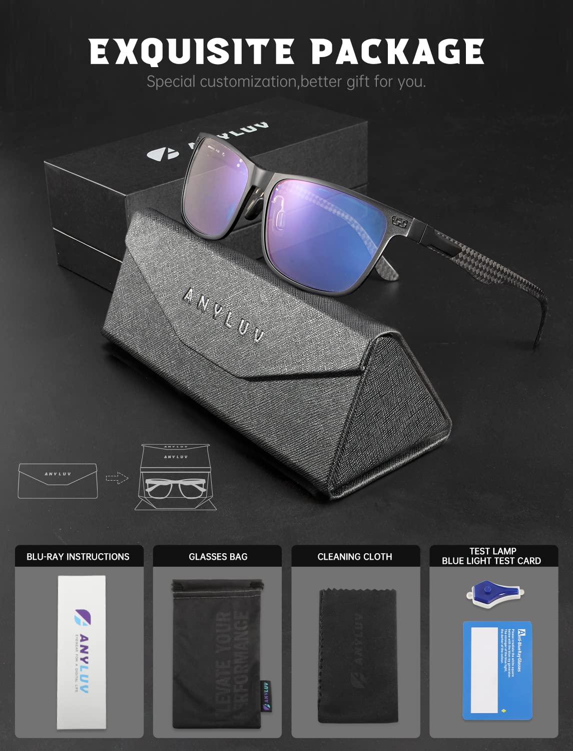 ANYLUV Blue Light Blocking Glasses for Men Premium Carbon Fiber Temples Mens Computer Gaming Glasses Rectangle Style UV400