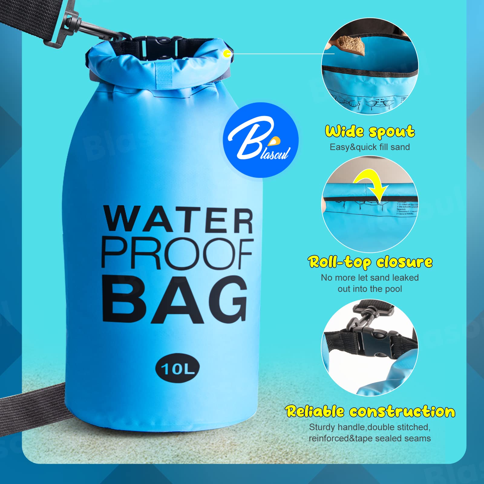 Blasoul Universal Pool Ladder and Step Weight,Easy&Quick Fill Sand,250D PVC Waterproof Dry Bag with Heavy-Duty Nylon(10L),No More Ripped Sandbag&Handle,Work with Above Ground/in-Ground Pool Steps