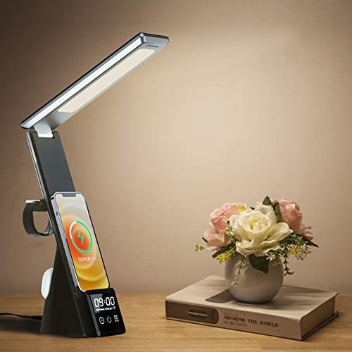 EzTechNest Desk Lamp β 3-in-1 Led Lamp with Built-in Wireless Phone Charger β Smart Desk Lamps for Home Office with Clock and Alarm Display β Dimmable Desk Lamp with Foldable Design
