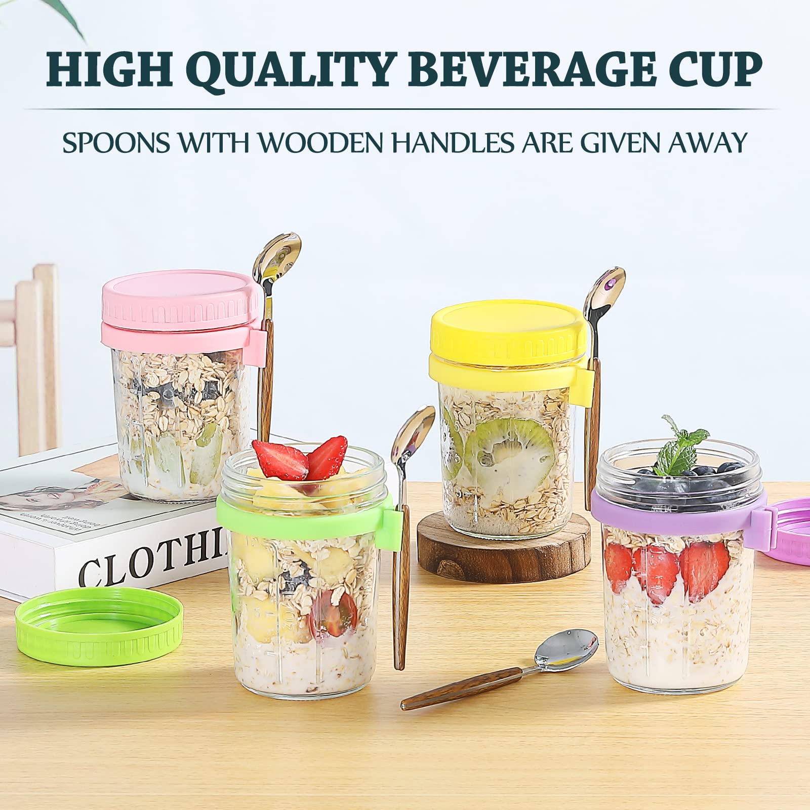 DANALLAN Overnight Oats Containers with Lids and Spoons, 4Pcs Overnight Oats Jars 10 oz Large Capacity Airtight Mason Jars for Overnight Oats Milk Vegetable Fruit Salad Cereal