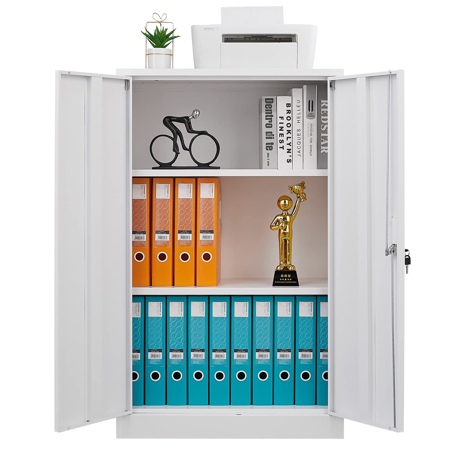 DSHADE Modern Office File Cabinet 3 Tier Metal Filing Cabinet Steel Lateral Office File Cabinets with Lock Doors and Adjustable Shelf Printer Stand Organization for Home Office (White)