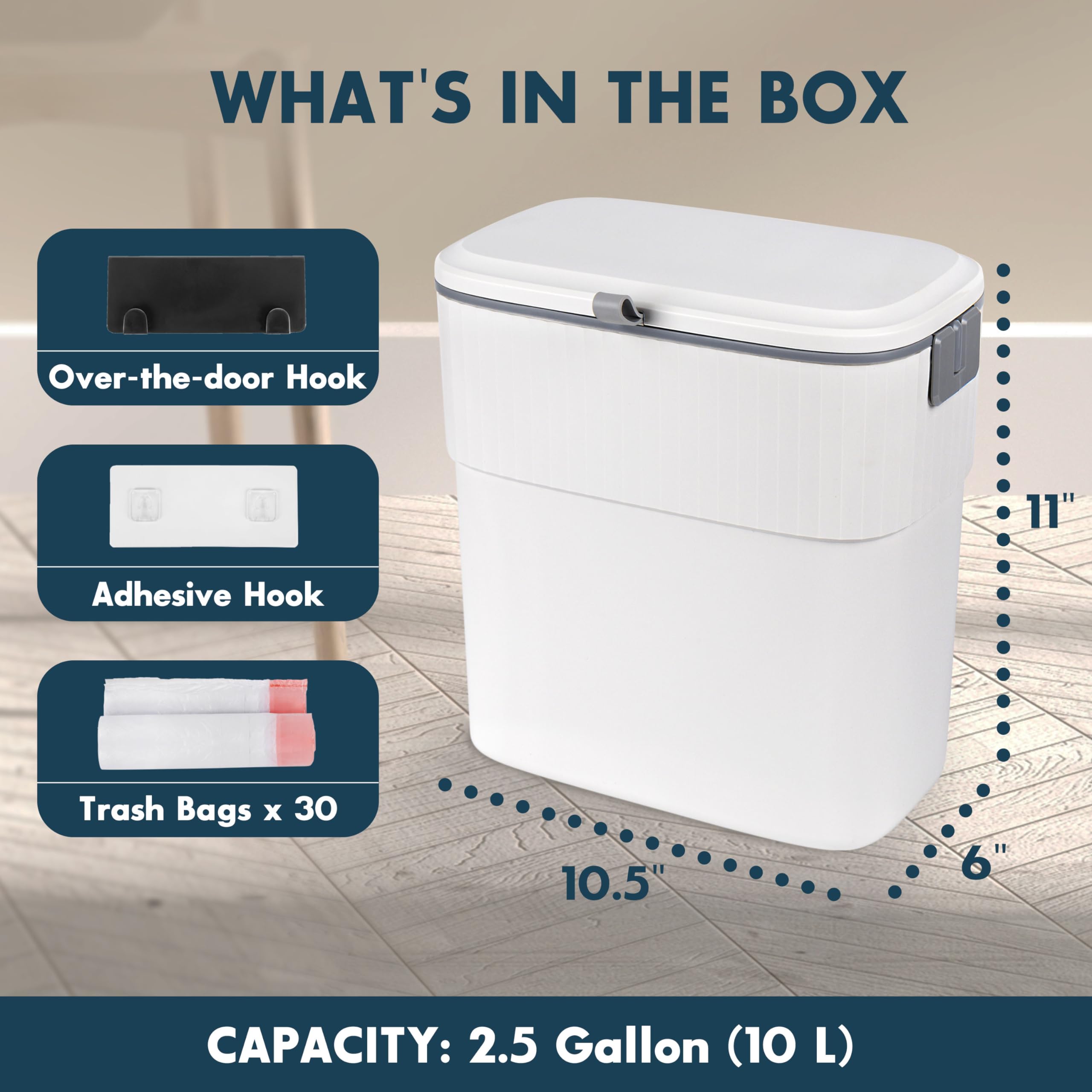 McKay Hanging Kitchen Trash Can with Lid, 30 Trash Bags|2.5 Gallon/10L Compost Bin for Under Sink, Small Trash Can,Food Waste Basket Wall-Mounted Garbage Can for Bathroom/Countertop/RV/Bedroom, White