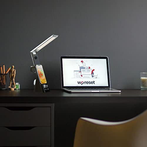 EzTechNest Desk Lamp β 3-in-1 Led Lamp with Built-in Wireless Phone Charger β Smart Desk Lamps for Home Office with Clock and Alarm Display β Dimmable Desk Lamp with Foldable Design