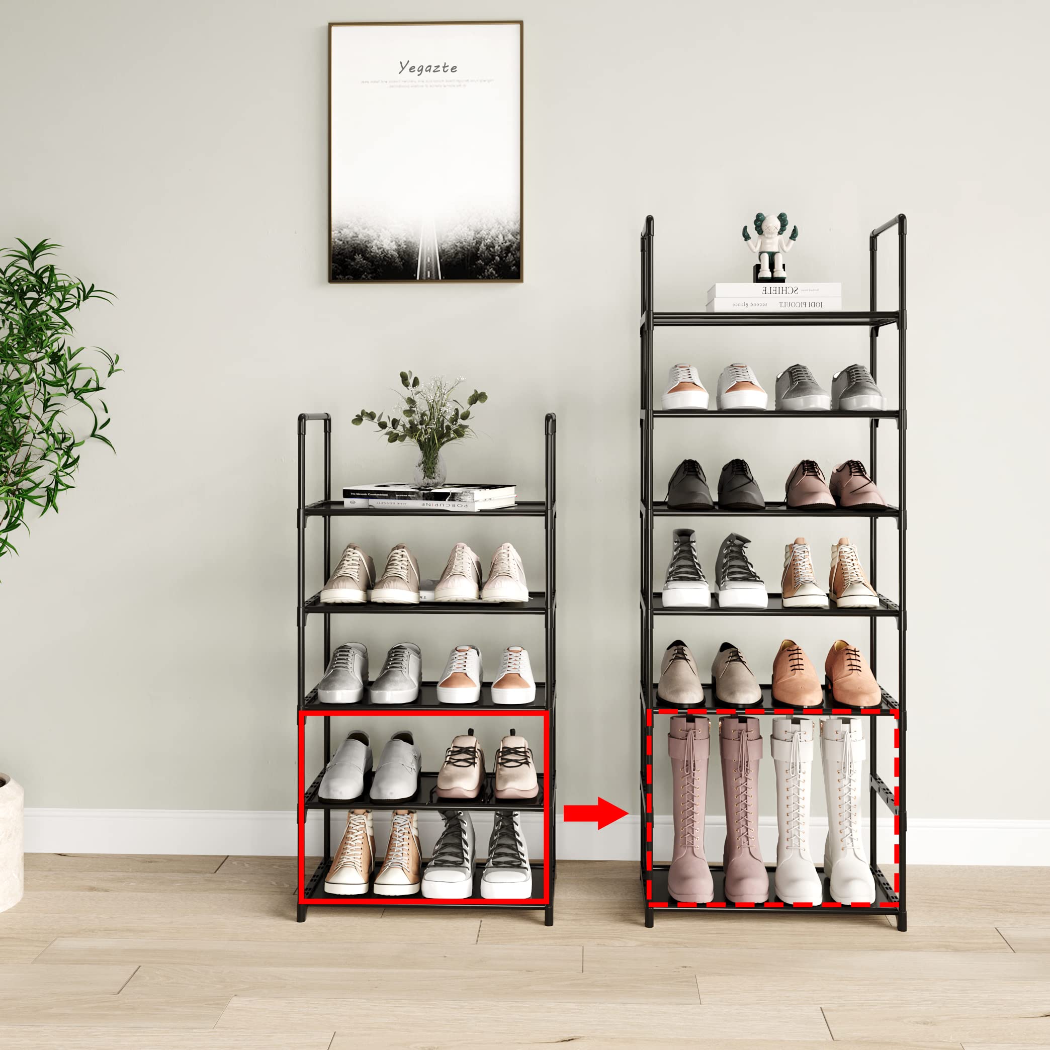 Yegazte 5-Tier Stackable Shoe Rack, Narrow Shoe Stand for 10-12 Pairs Shoe and Boots Organizer Storage Shelf Space Saving for Closet, Entryway and Hallway(Black)