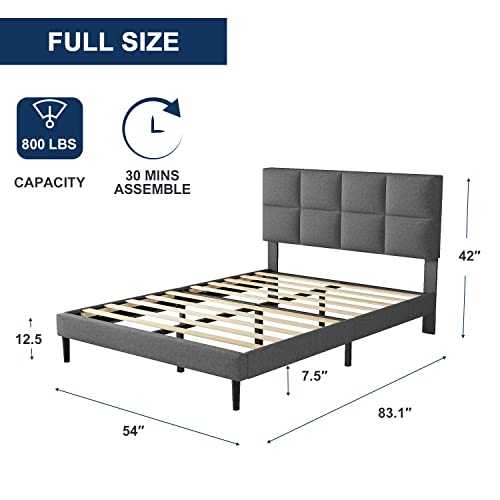Molblly Full Size Bed Frame Upholstered Platform with Headboard, Strong Frame and Wooden Slats Support, Linen Fabric Wrap, Non-Slip and Noise-Free,No Box Spring, Easy Assembly, Dark Grey