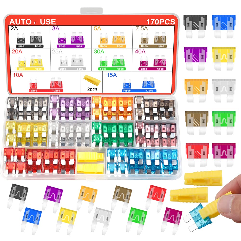Fuses Car Fuses Assortment Kit,168pcs Standard & Mini Sized Blade Fuse Kit (2A 3A 5A 7.5A 10A 15A 20A 25A 30A 40A) with Fuse Pullers for Boat Truck SUV Auto RV