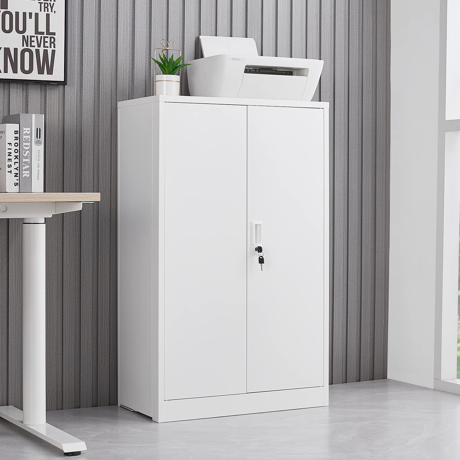 DSHADE Modern Office File Cabinet 3 Tier Metal Filing Cabinet Steel Lateral Office File Cabinets with Lock Doors and Adjustable Shelf Printer Stand Organization for Home Office (White)